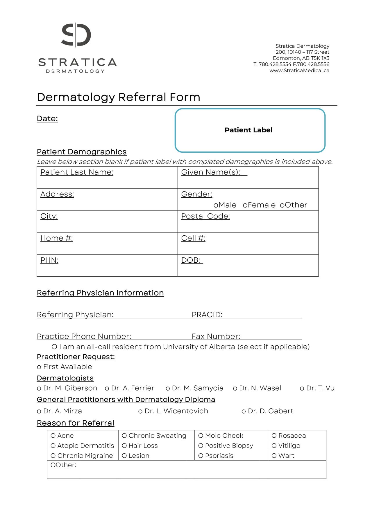 Referral Form - Stratica Dermatology
